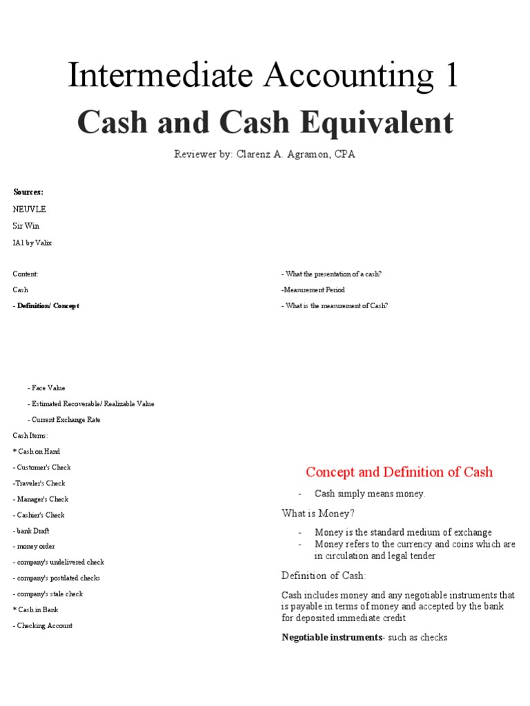 Intermediate Accounting 1: Cash and Cash Equivalent | PDF | Cheque | Money