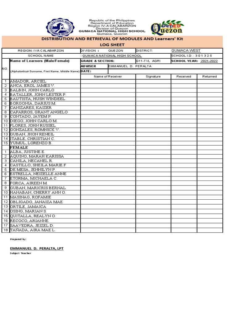 Template For Distribution and Retrieval Log Sheets | PDF