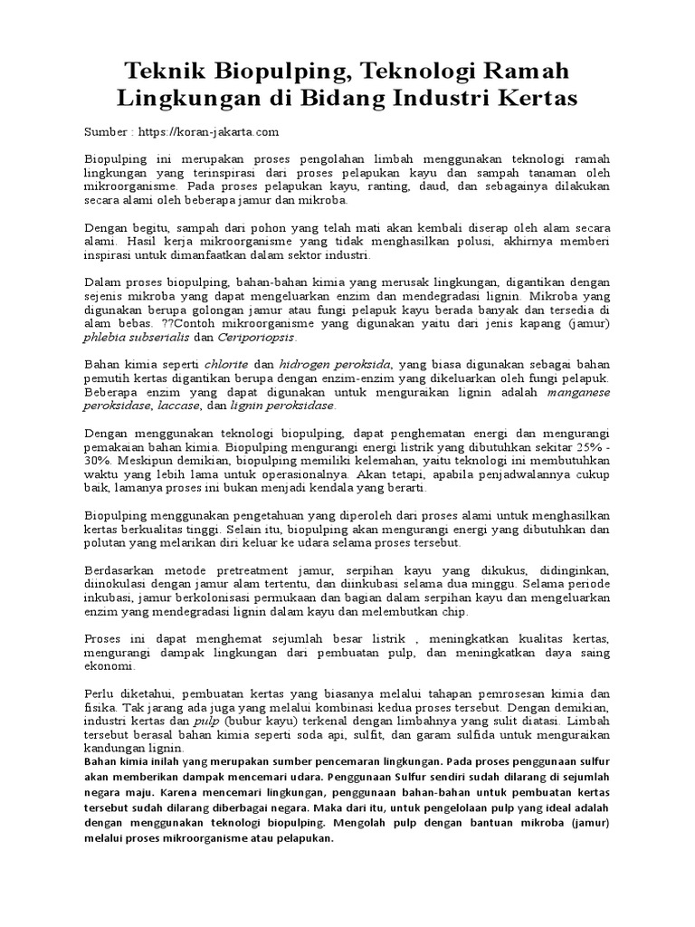 Enzim Lignin dalam Biopulping Ramah Lingkungan | PDF