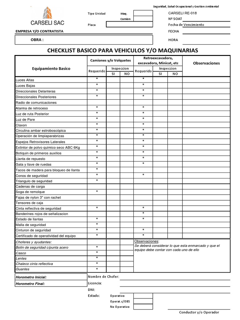 Check Listcarseli Re 018 Checklist Vehiculo y Maquinarias | PDF ...