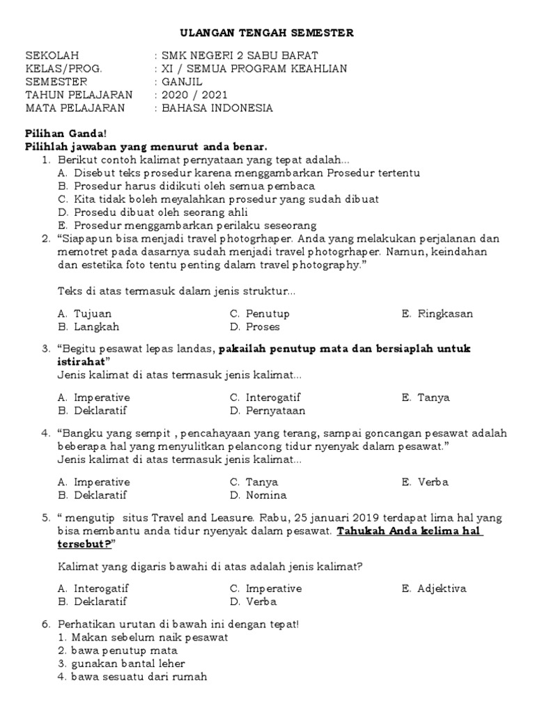 Soal Mid Semester Bindo 2021 KLS Xi | PDF