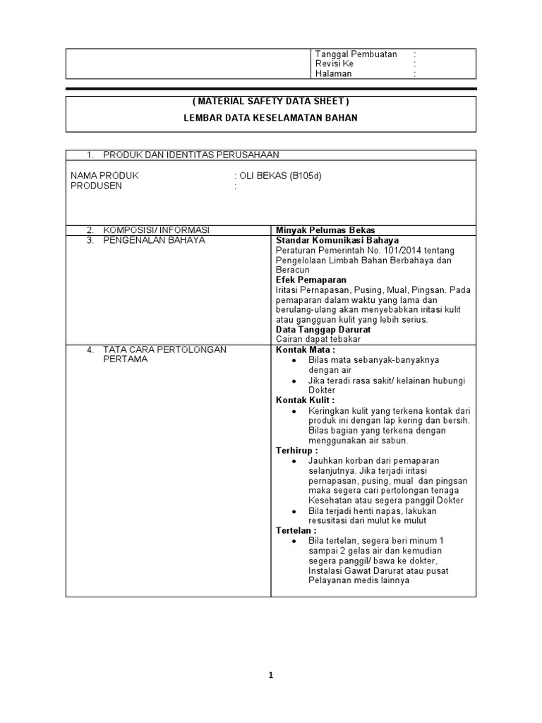 Tabel Msds Oli Bekas | PDF