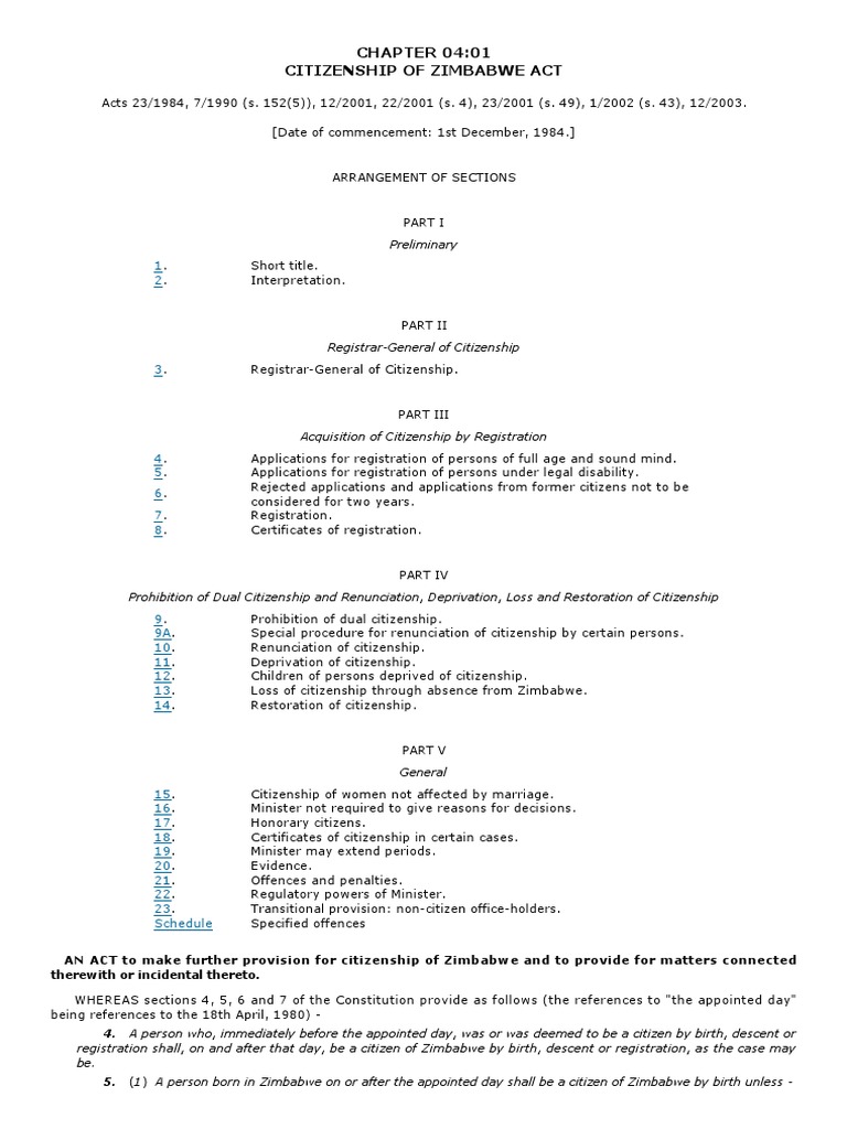 Zimbabwe Citizenship Act Overview | PDF | Citizenship | Oath Of Office