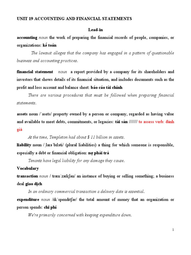 EFBS - Glossary - UNIT 19 ACCOUNTING & FINANCIAL STATEMENTS | PDF ...