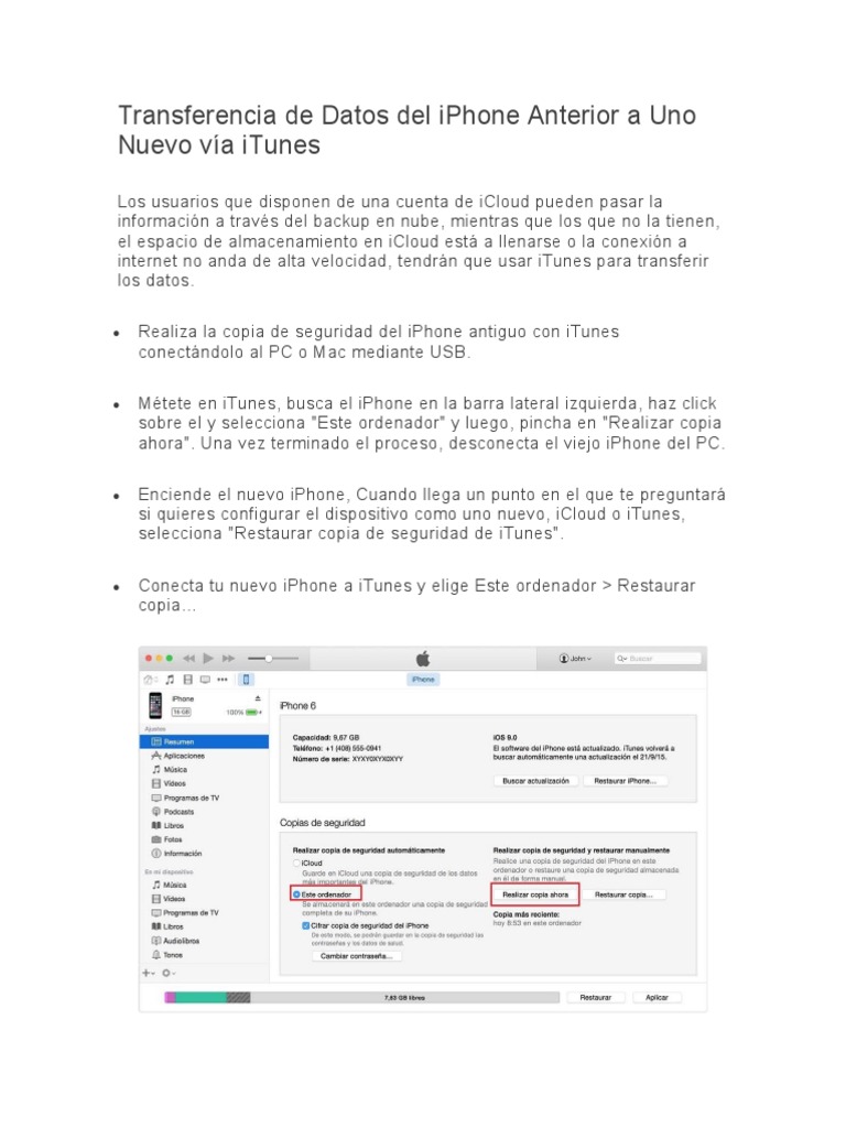 Transferencia de Datos Del Iphone Anterior A Uno Nuevo Vía Itunes | PDF