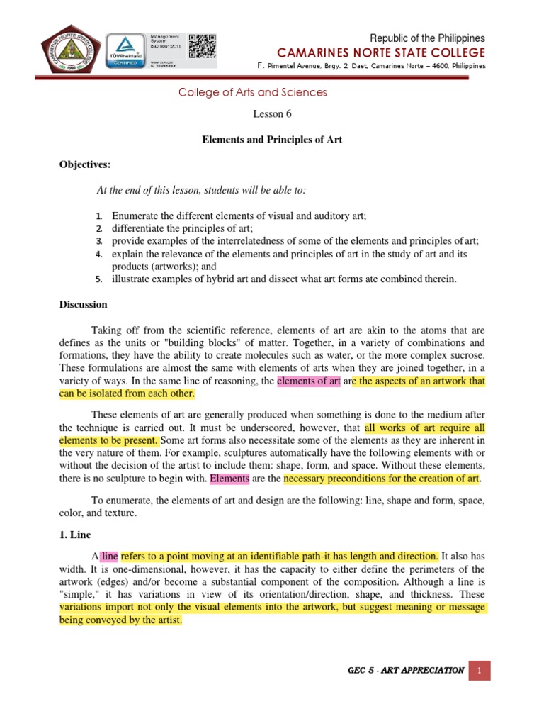 Lesson 6 - Elements and Principles of Art | PDF