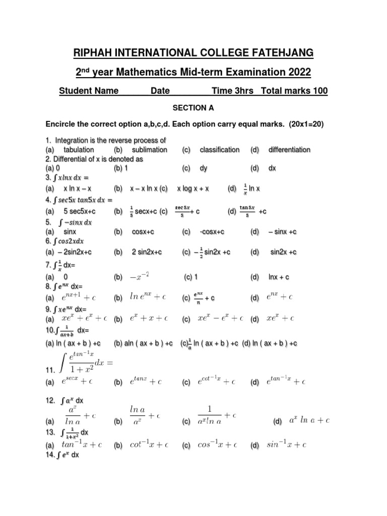 2nd Year Math March Test 2022 | PDF | Mathematics | Calculus