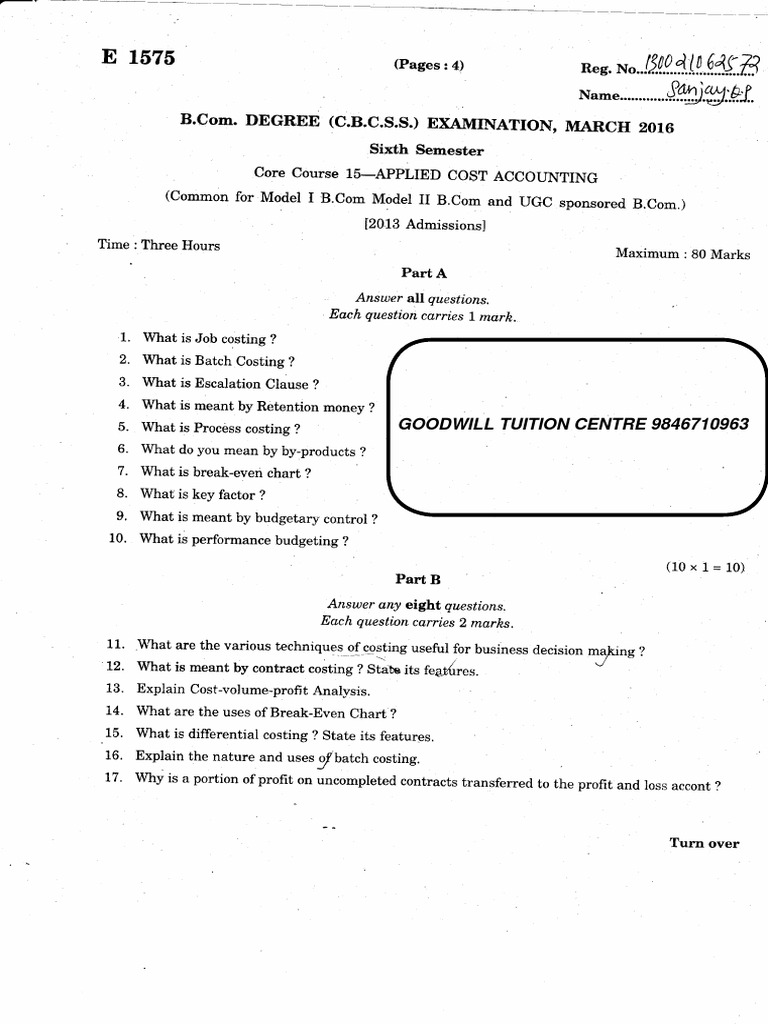 6 Semester MGU Cost Accounting 2016 March Question Paper | PDF ...