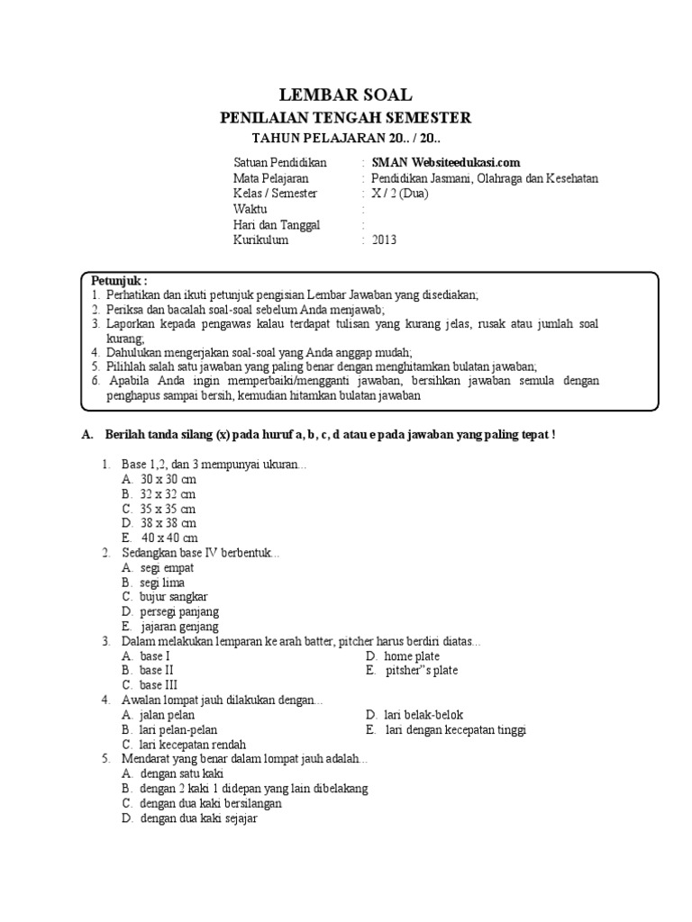 Soal PTS 2 Pjok Kelas X K13 | PDF