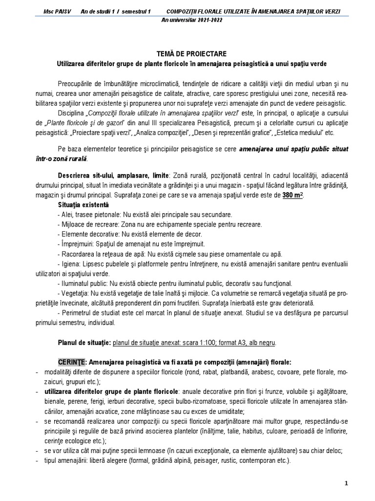 Compozitii Florale - Tema de Proiectare - 2021-2022 | PDF