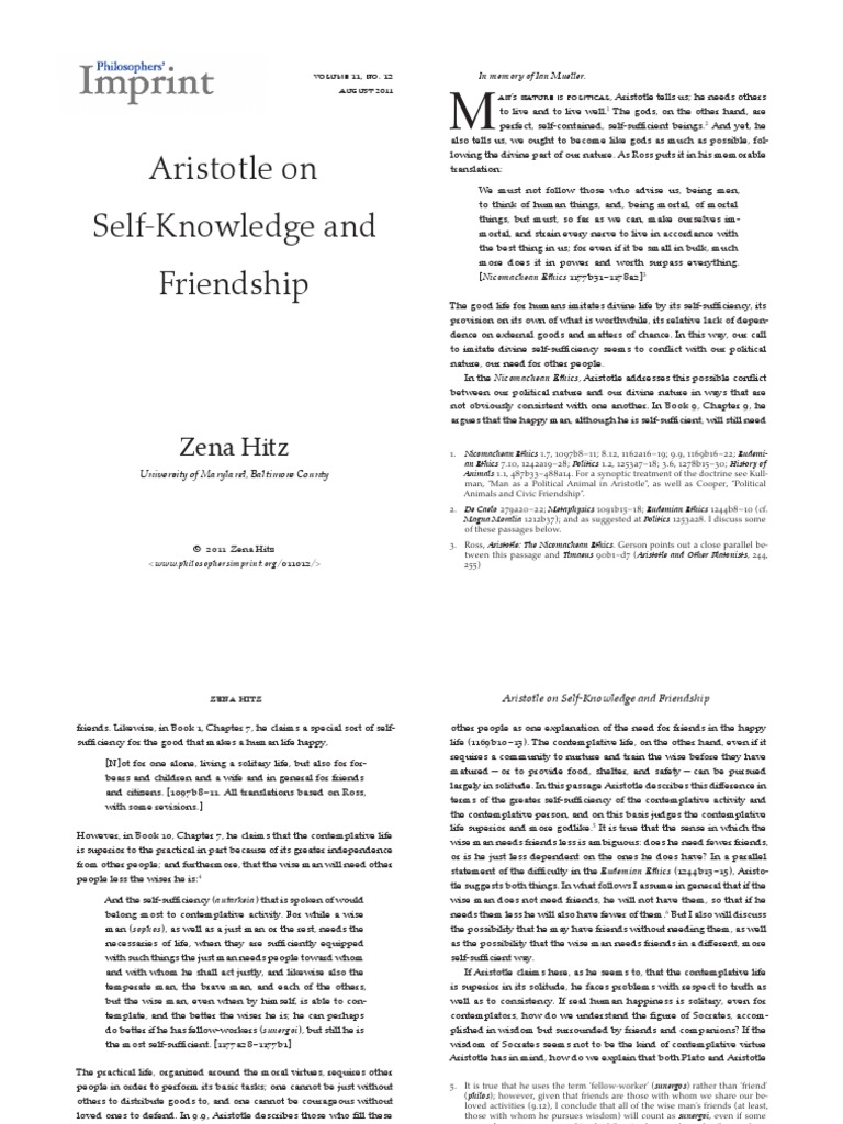 Aristotle On Self Knowledge and Friendship | PDF | Aristotle | Virtue