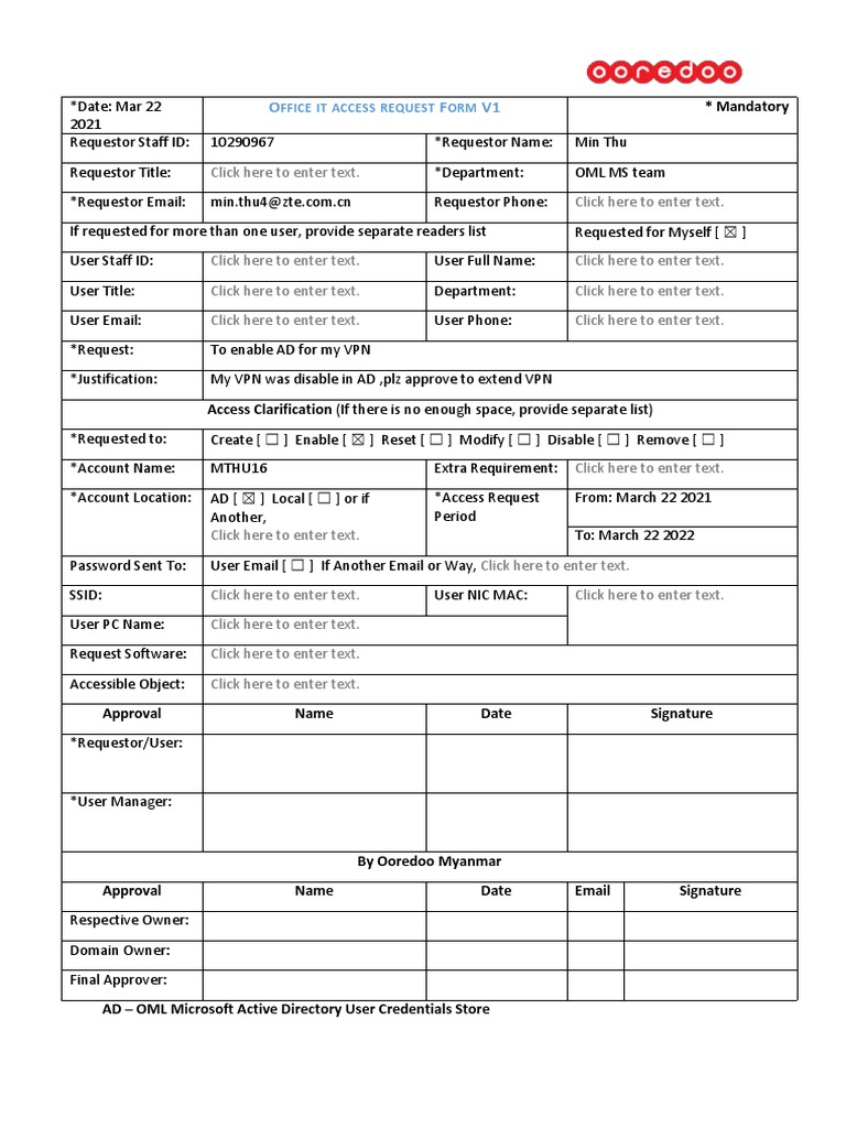 Office IT Access Request Form V1 For Min Thu | PDF