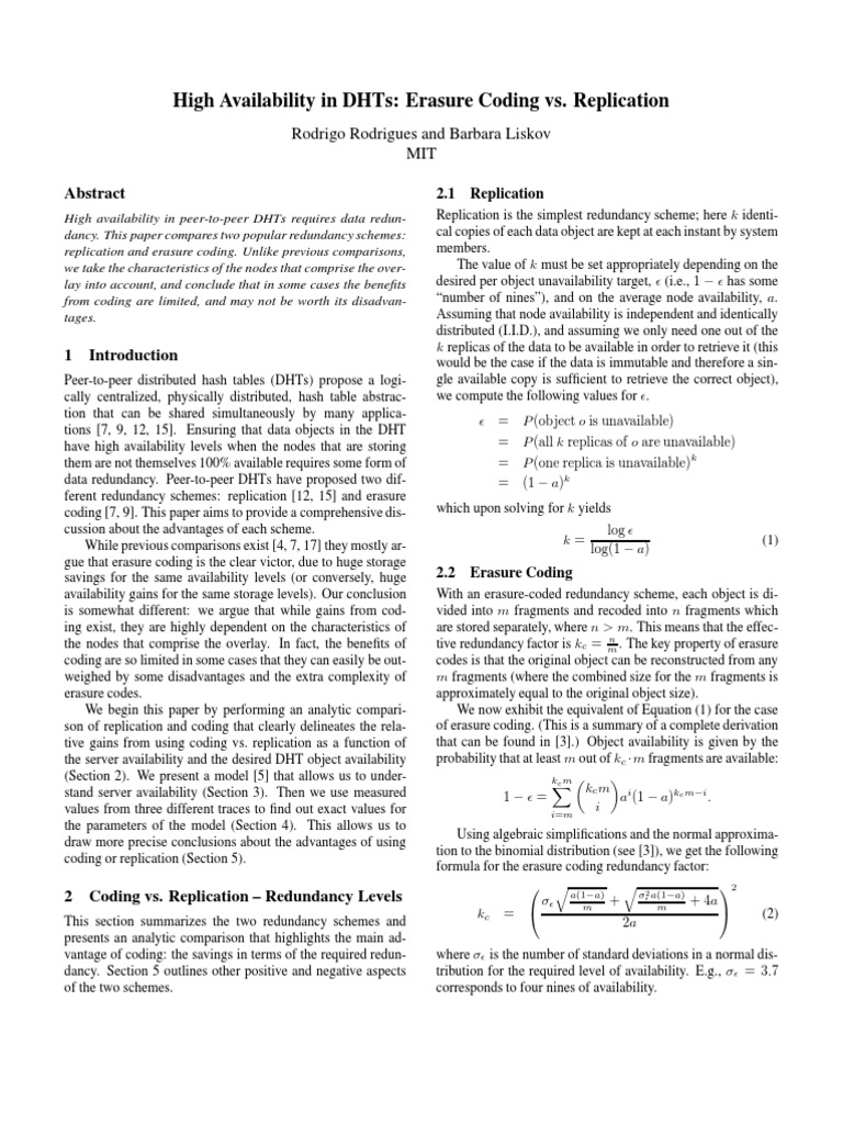 High Availability in DHTS: Erasure Coding vs. Replication: Rodrigo ...