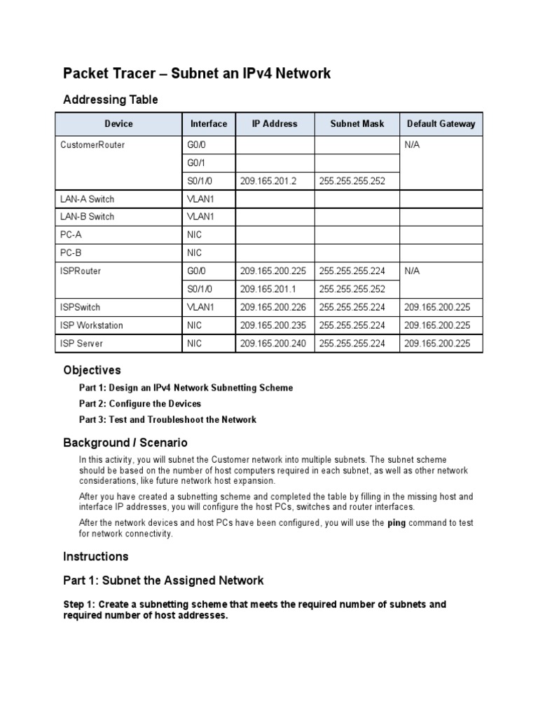 Packet Tracer - Subnet An Ipv4 Network: Addressing Table | PDF | Ip Address | Computer Network
