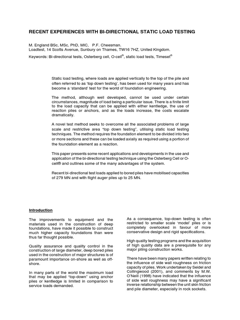 Recent Experiences With Bi-Directional Static Load Testing 040506 | PDF ...