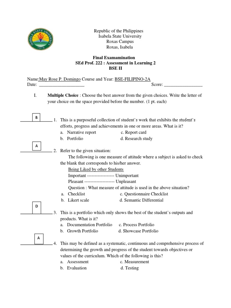 Final Examination Sed Prof 222 | PDF | Educational Assessment | Evaluation
