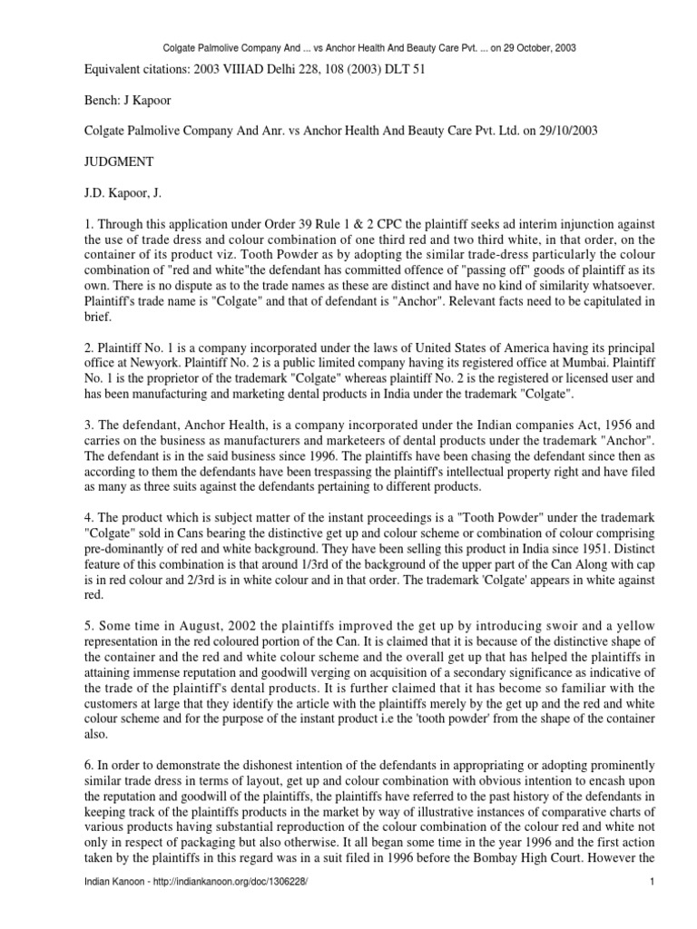 Colgate Palmolive Company and ... Vs Anchor Health and Beauty Care Pvt ...