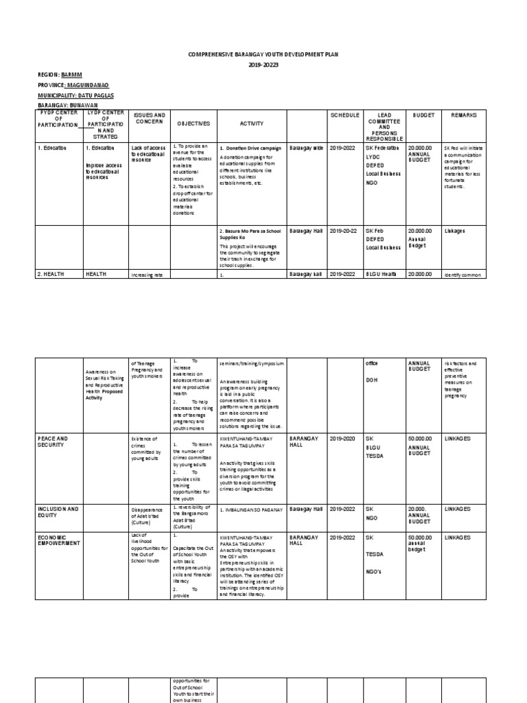Comprehensive Barangay Youth Development Plan | PDF | Teenage Pregnancy