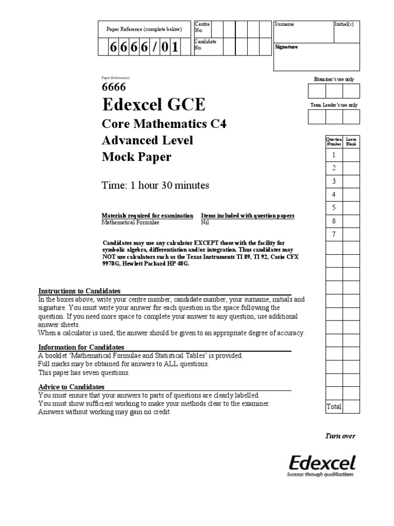 C4 - Mock Paper | PDF | Pi | Equations