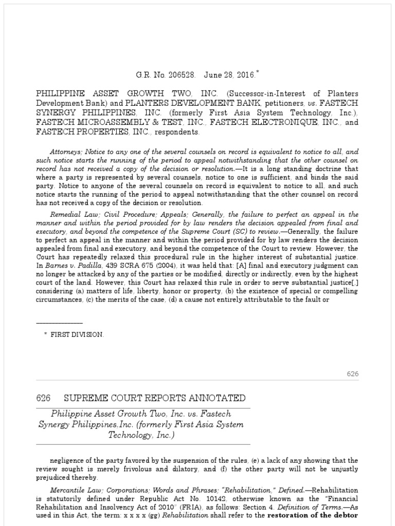 5 Philippine ASset Growth Two v. Fastech Synergy Philippines | PDF ...