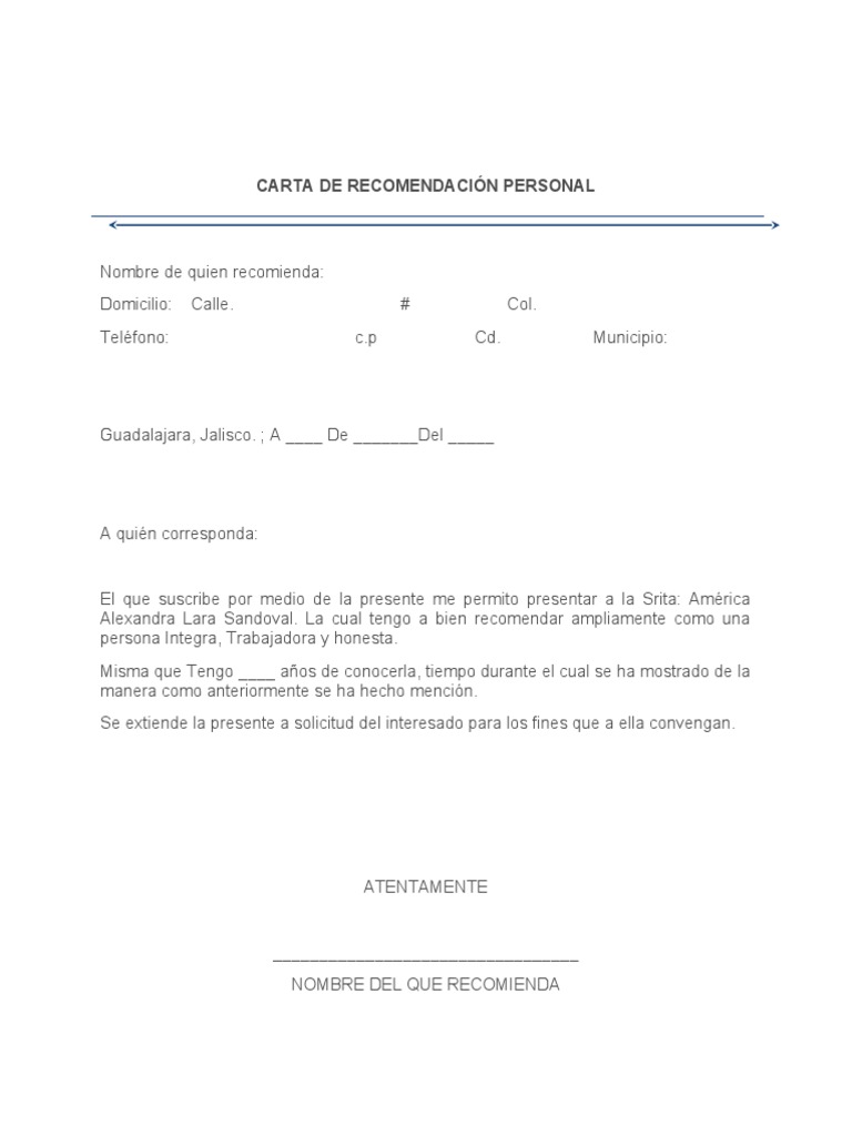 CARTA DE RECOMENDACIÓN PERSONAL