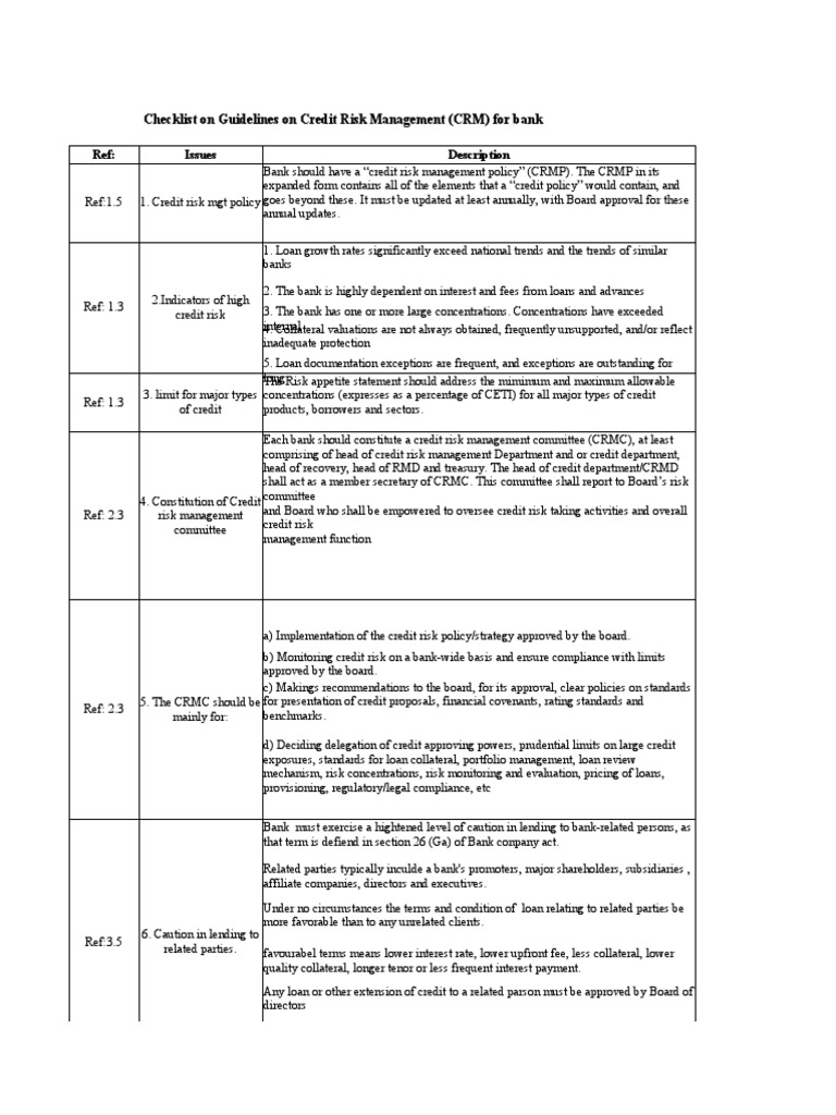 Checklist On Guidelines On Credit Risk Management (CRM) For Bank ...