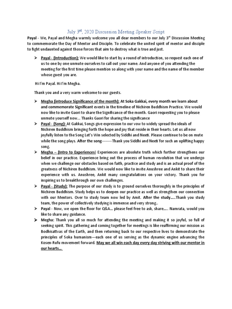 July 3rd SGI Discussion Meeting Script | PDF | Mahayana