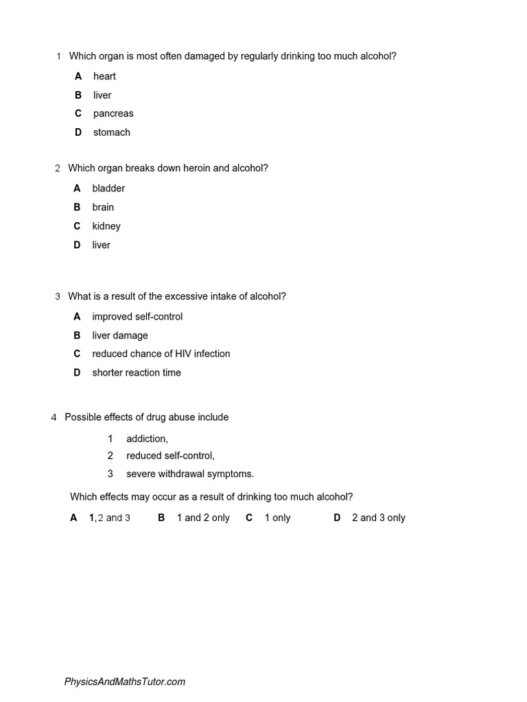 Drug Abuse Quiz Questions and Answers | PDF | Lung | Cigarette