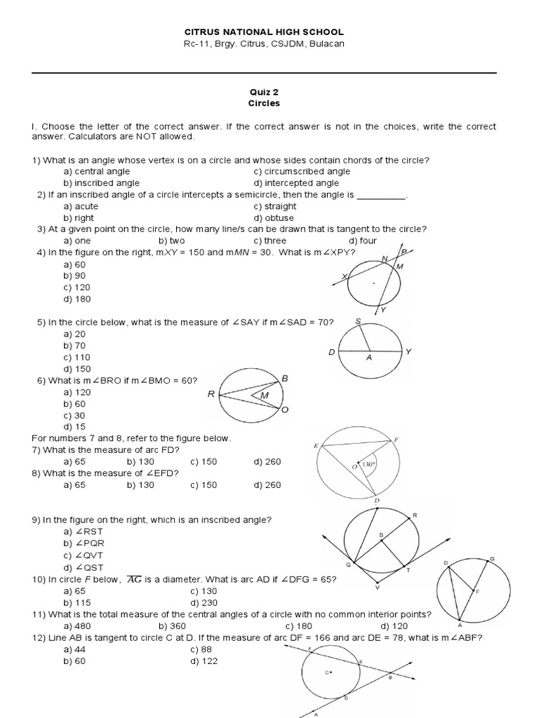 Quiz 2 Circles | PDF | Angle | Circle