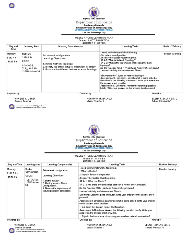 Weekly Learning Plan for Grade 11 ICT | PDF | Router (Computing ...