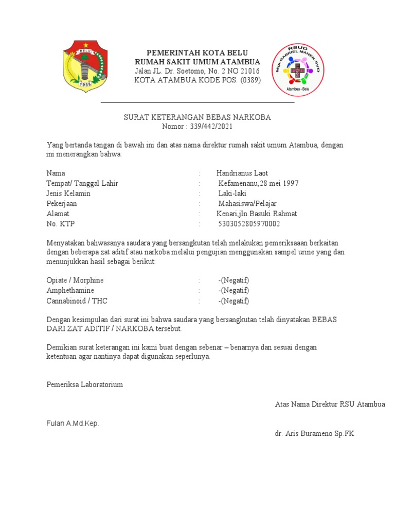CONTOH SURAT KETERANGAN BEBAS nARKOBA | PDF