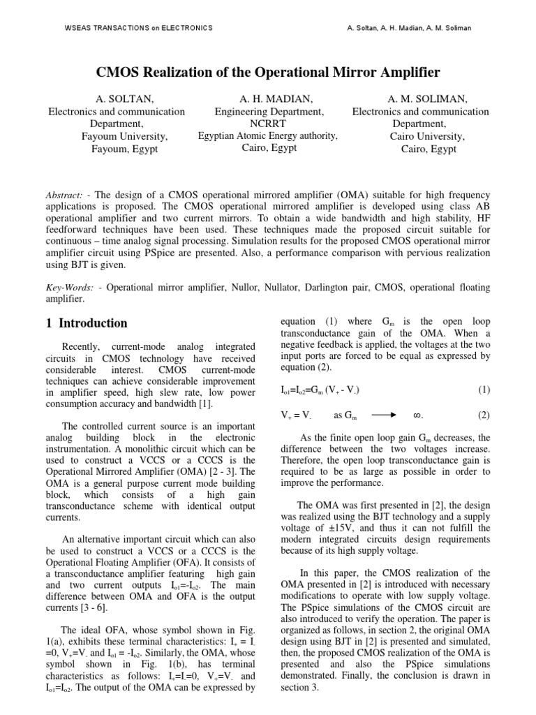 CMOS Realization of The Operational Mirror Amplifier | PDF | Amplifier ...