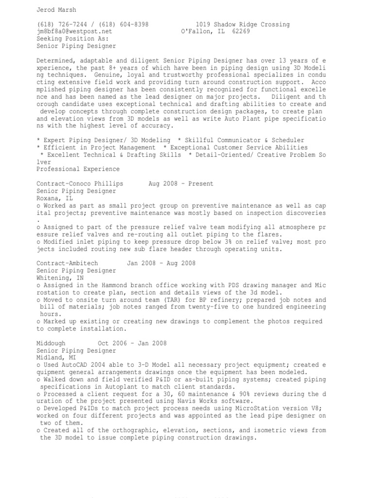 Senior Piping Designer Resume | PDF | Technical Drawing | Engineering