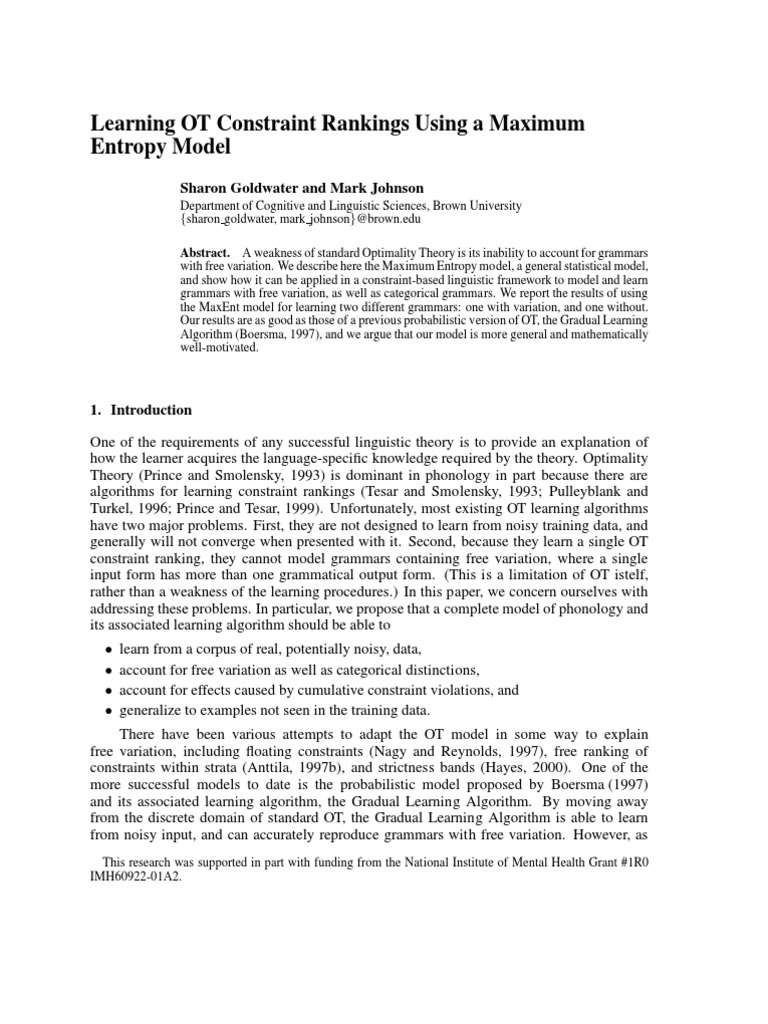 Learning OT Constraint Rankings Using A Maximum Entropy Model | PDF ...