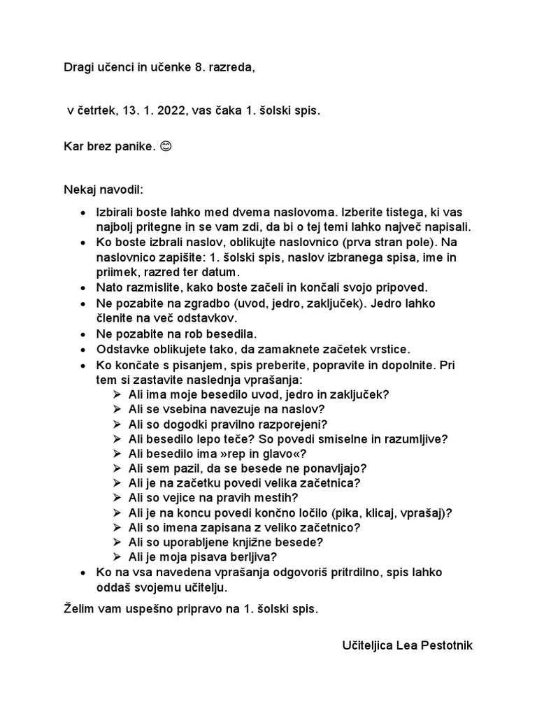 Navodila Za 1. Šolski Spis | PDF