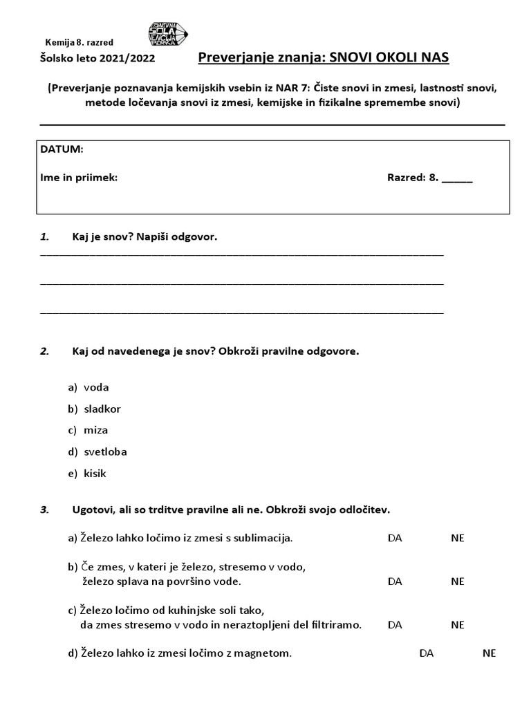 Preverjanje Znanja - Snovi Okoli Nas | PDF