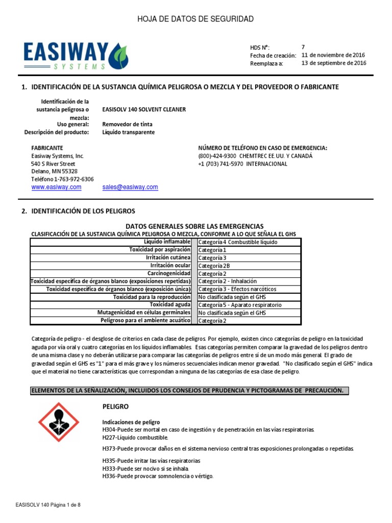 SDS EasiSolv 140 Solvent Cleaner v7 Spanish | PDF | Agua | Química