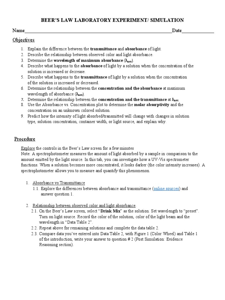 Beer'S Law Laboratory Experiment/ Simulation | PDF | Absorbance ...