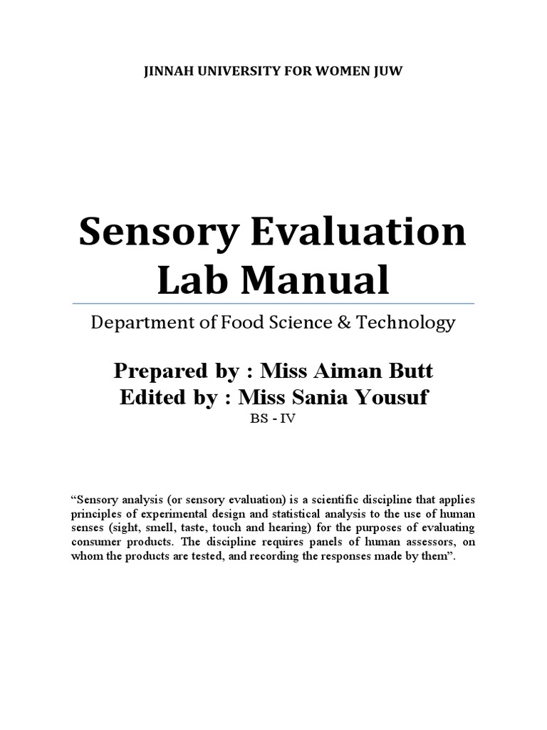 Sensory Evaluation Lab Manual (Ny Sania Yousuf) | PDF | Senses | Taste