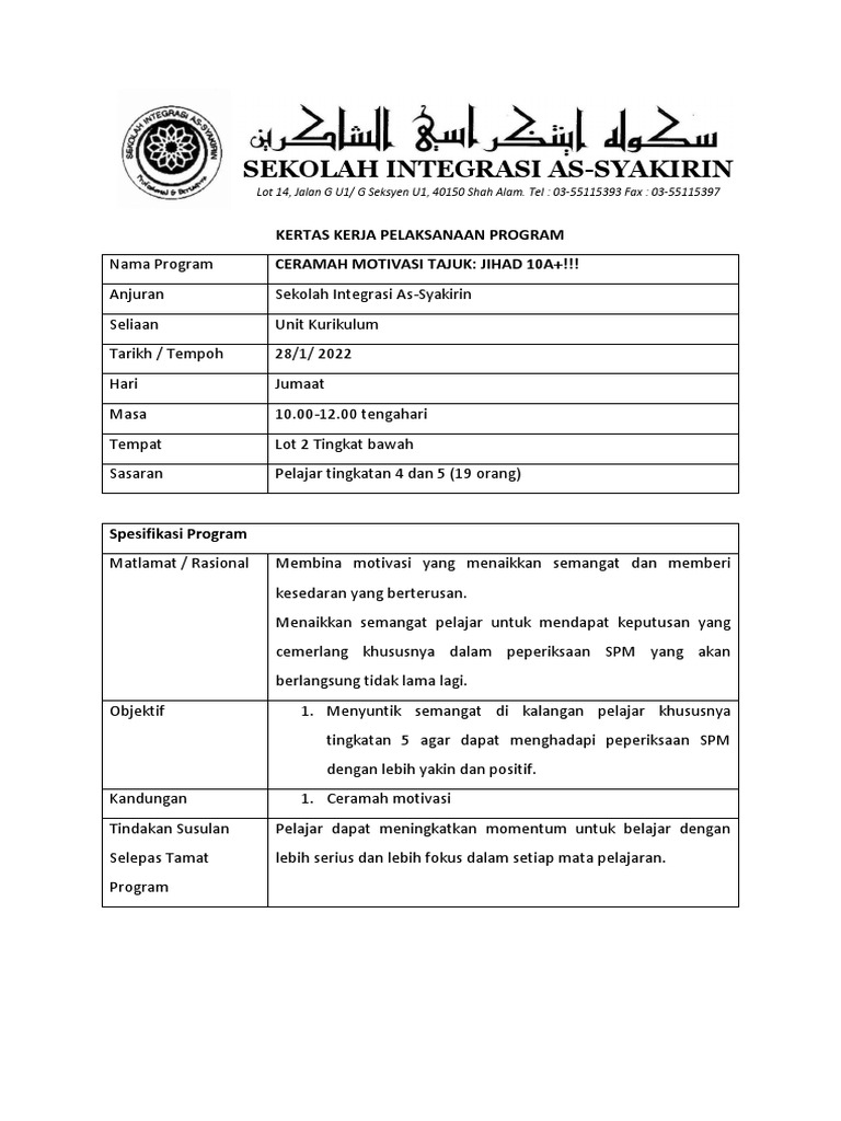 Kertas Kerja Pelaksanaan Program Ceramah Motivasi Ambang SPM | PDF