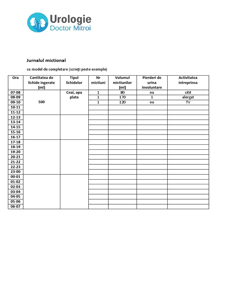 Jurnalul Mictional: Cu Model de Completare (Scrieţi Peste Exemple) | PDF