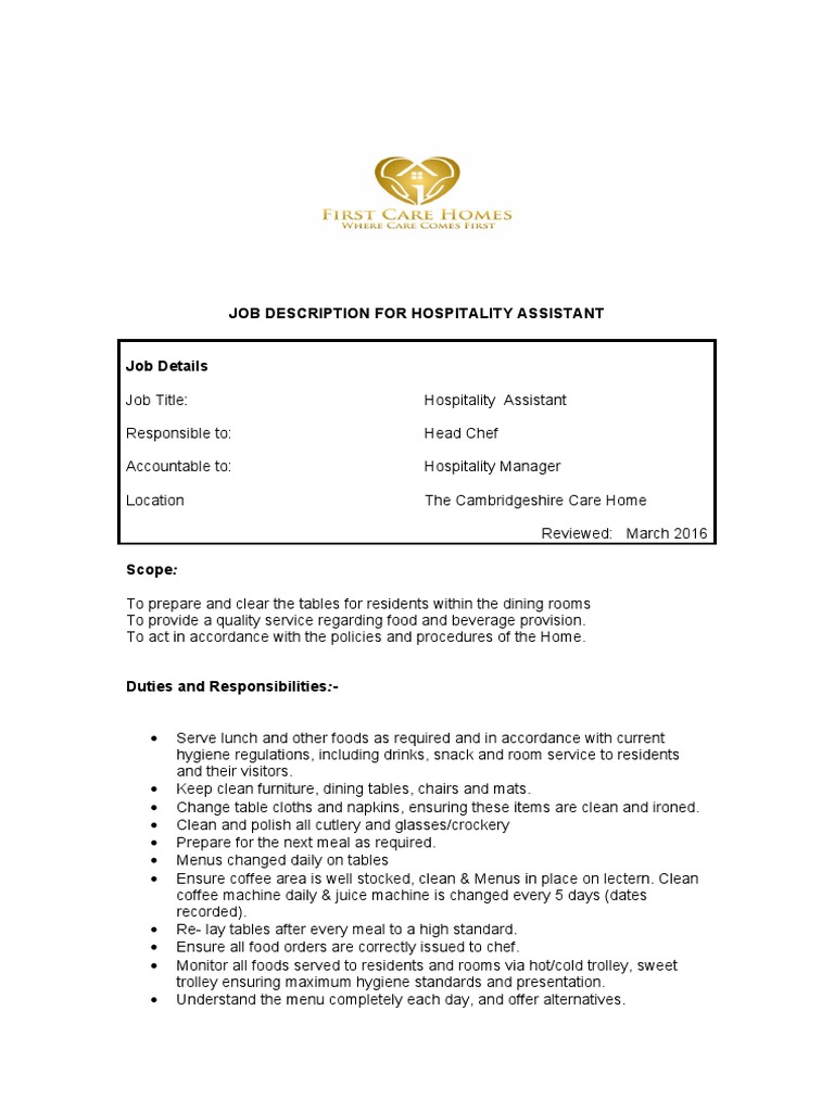 Hospitality Assistant Job Description | PDF | Restaurants | Food And Drink