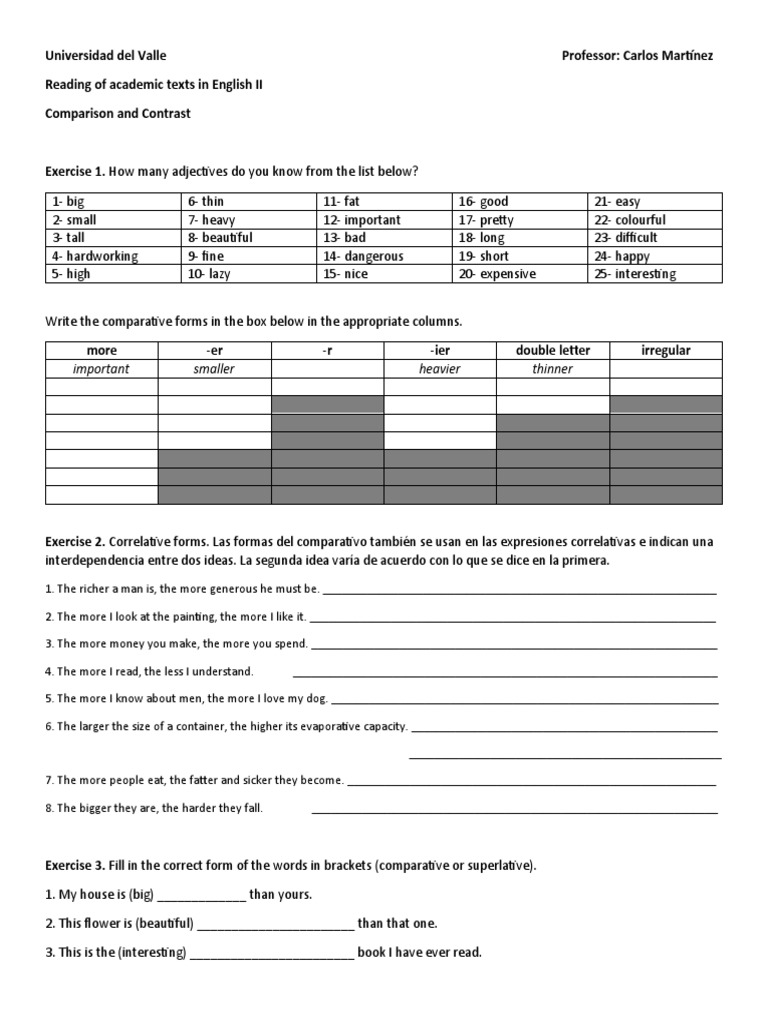 Comparison and Contrast Exercises | PDF | Linguistics