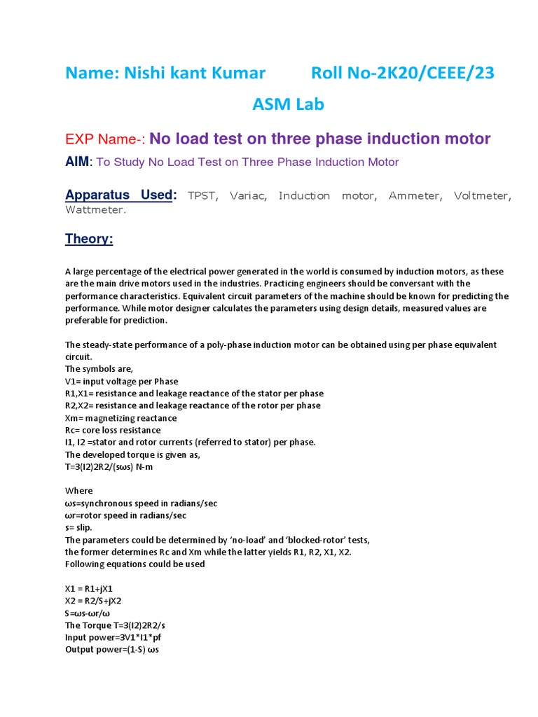 No Load Test on 3-Phase Induction Motor | PDF | Electric Motor | Voltage