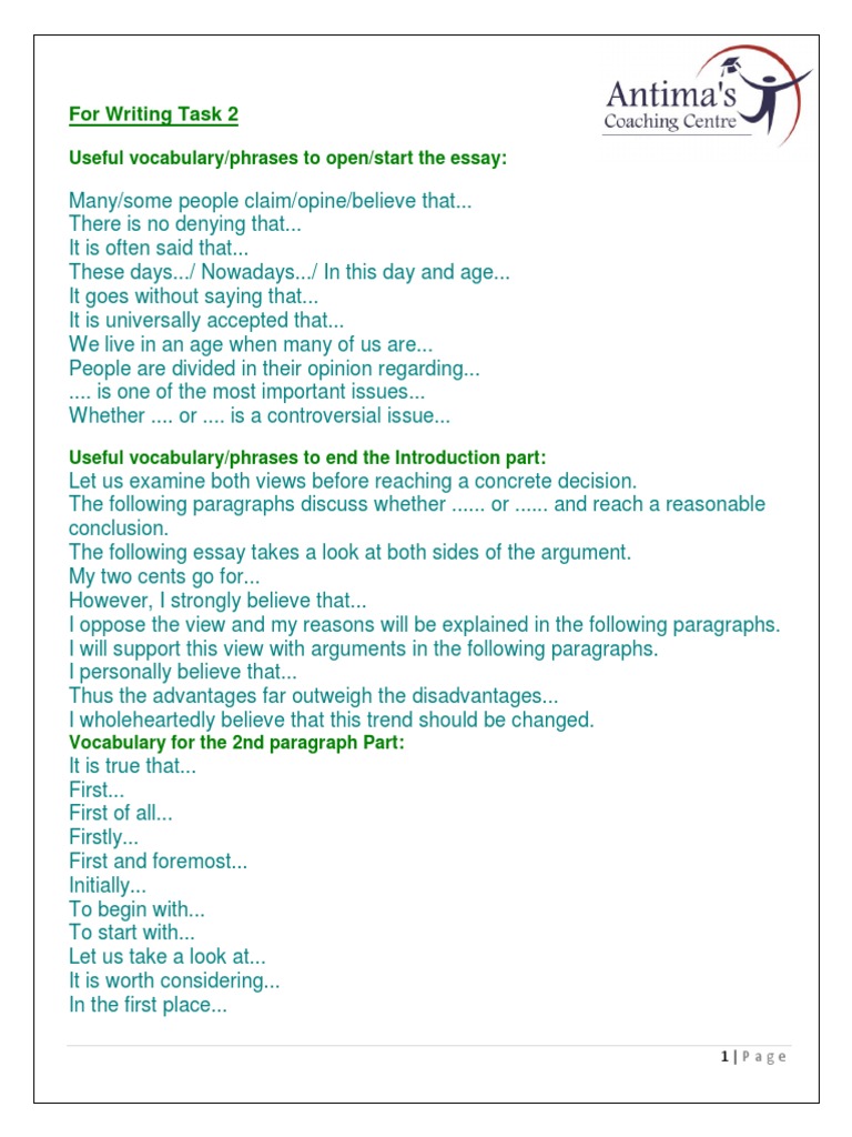 For Writing Task 2: Useful Vocabulary/phrases To Open/start The Essay ...