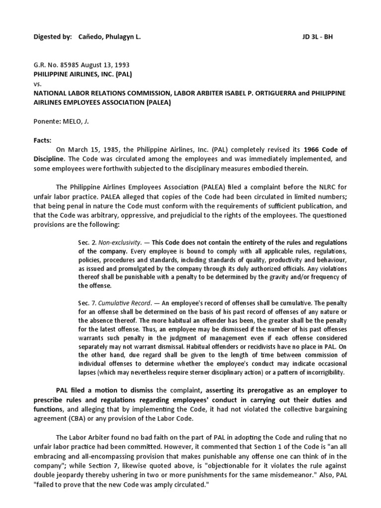 (Digest) Philippine Airlines Inc. vs. NLRC Et Al. G.R. No. 85985 August 13, 1993 - Canedo | PDF ...