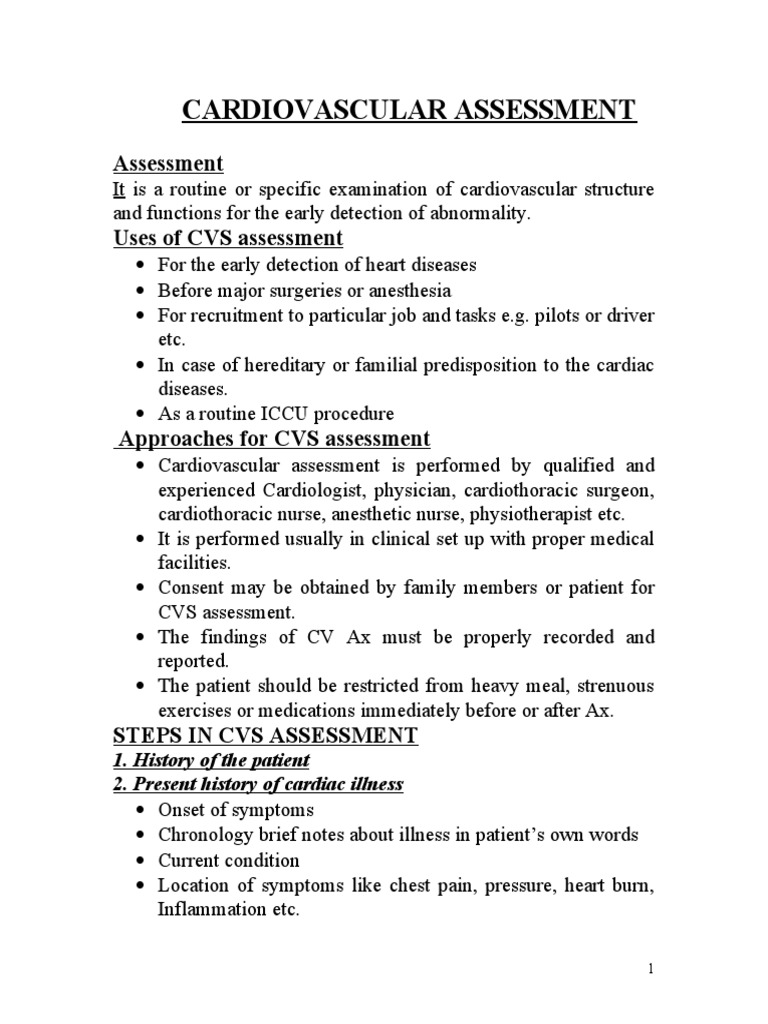 Cardiovascular Assessment: Assessment Uses of CVS Assessment | PDF ...