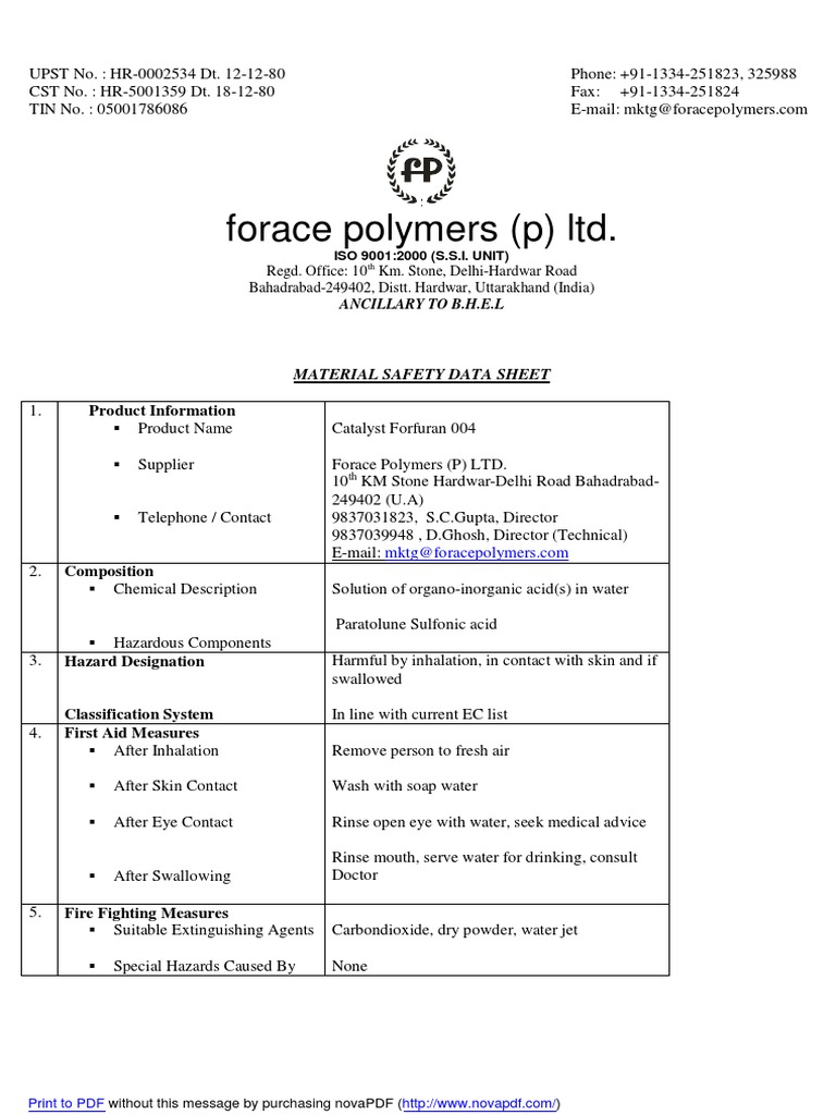 MSDS FR Catalyst 004 SL NO - 2 | PDF | Water | Physical Sciences