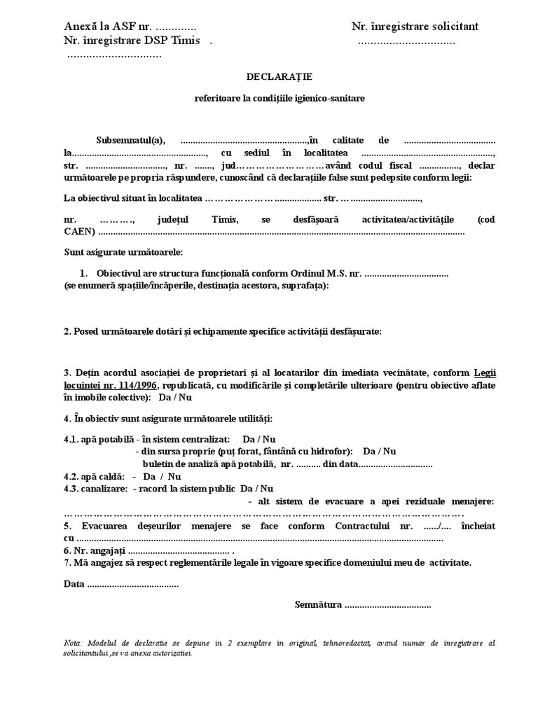 Declaratie Conditii Igienico Sanitare 2021 | PDF