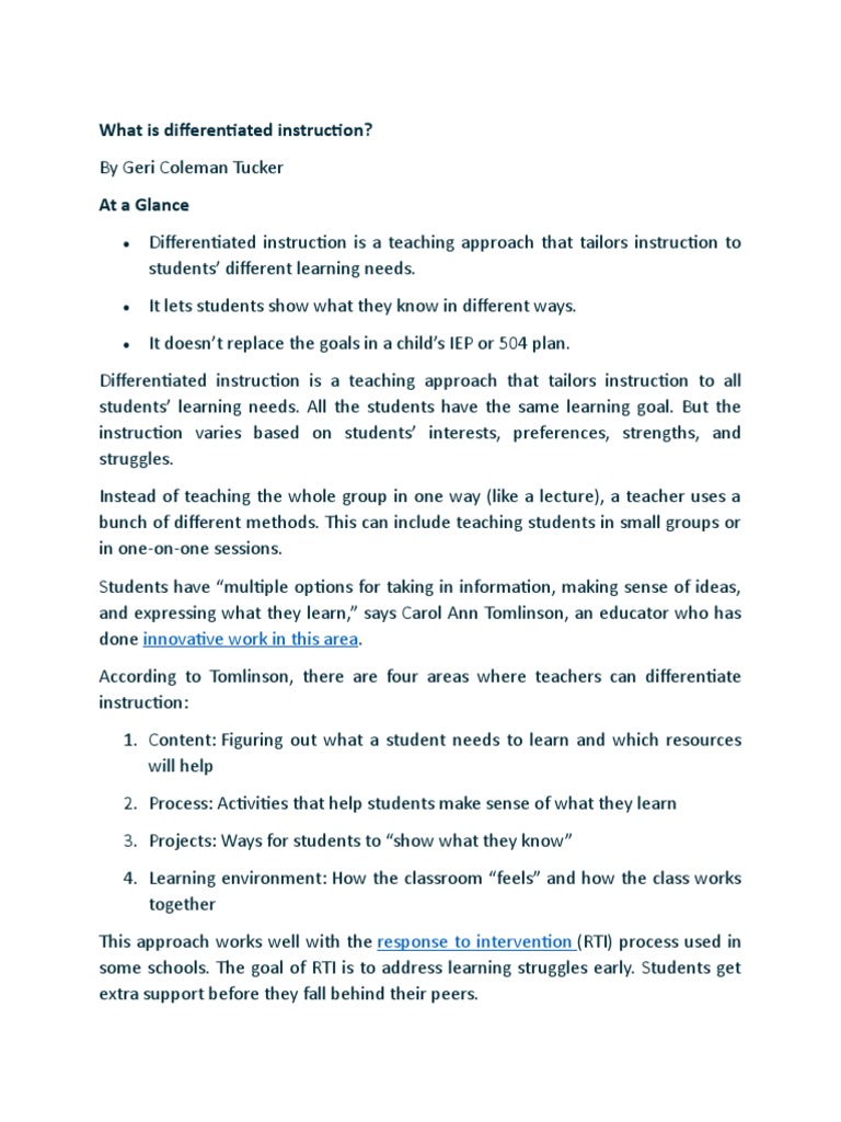 What Is Differentiated Instruction? at A Glance: Innovative Work in ...